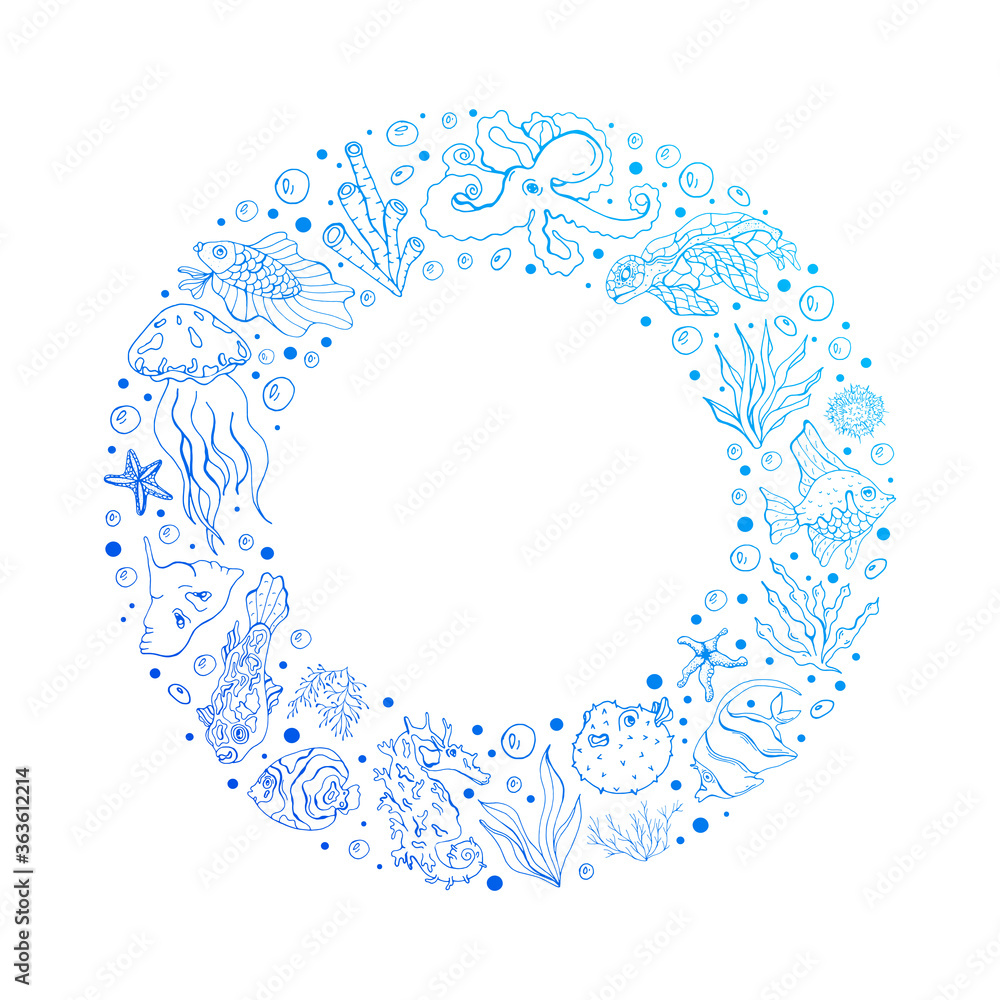 Marine life. Postcard. Sea fish, seaweed, turtle, octopus on a white ...