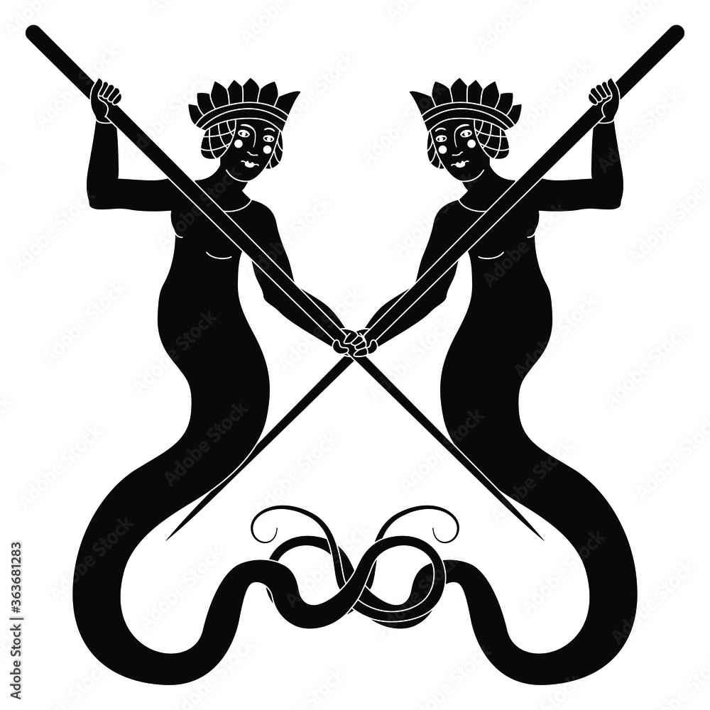 Symmetrical heraldic decor with two medieval guardian Sirens or ...