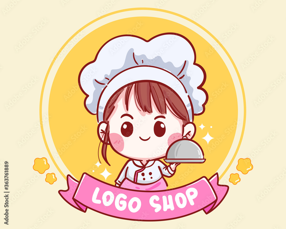 Cute Chef girl smiling cartoon art illustration logo. Premium Vector ...