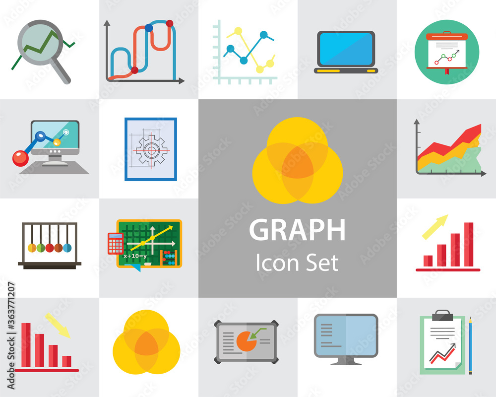 Graph Icon Set. Magnifier And Graph Growing Bar Chart Declining Bar ...