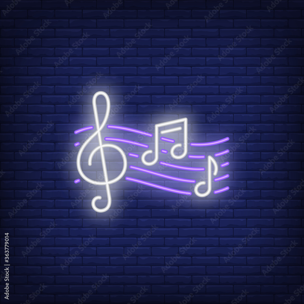 Treble clef and music notes neon sign. Classical music, concert or ...