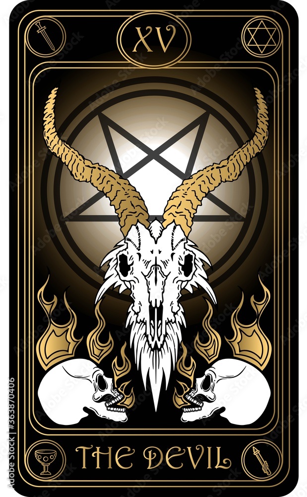 The Devil. The 15th card of Major arcana black and gold tarot cards ...
