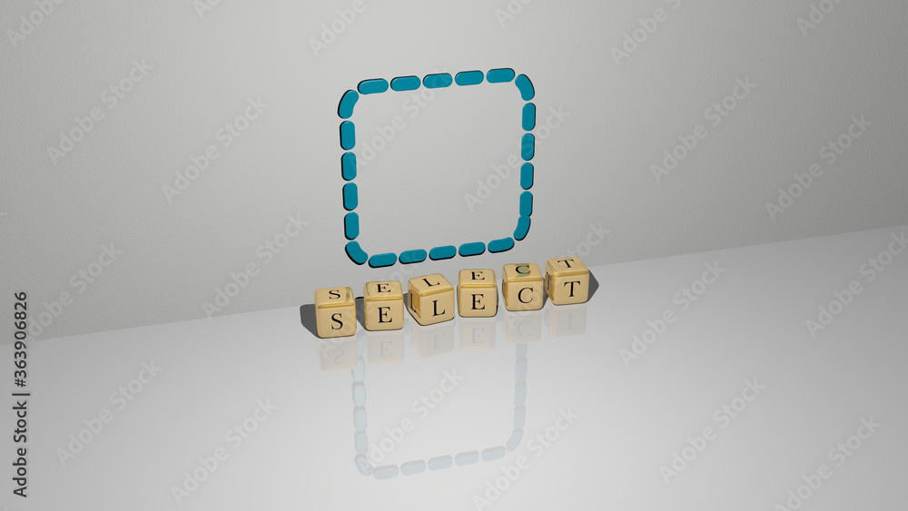 3D illustration of select graphics and text made by metallic dice ...