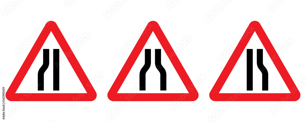 Road narrows traffic sign. Set of warning road signs informs narrowing ...