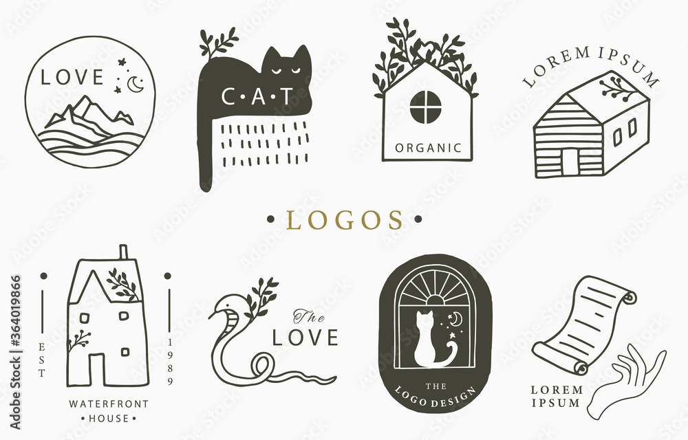 Beauty occult logo collection with hand, flower,house,cat,mountain ...