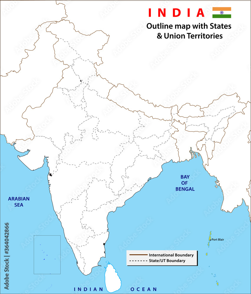 India map. Political Map of India. Black and white Outline map vector ...