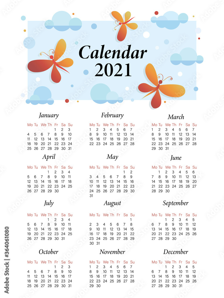 Butterfly calendar. Template 2021. Vector cartoon character for ...