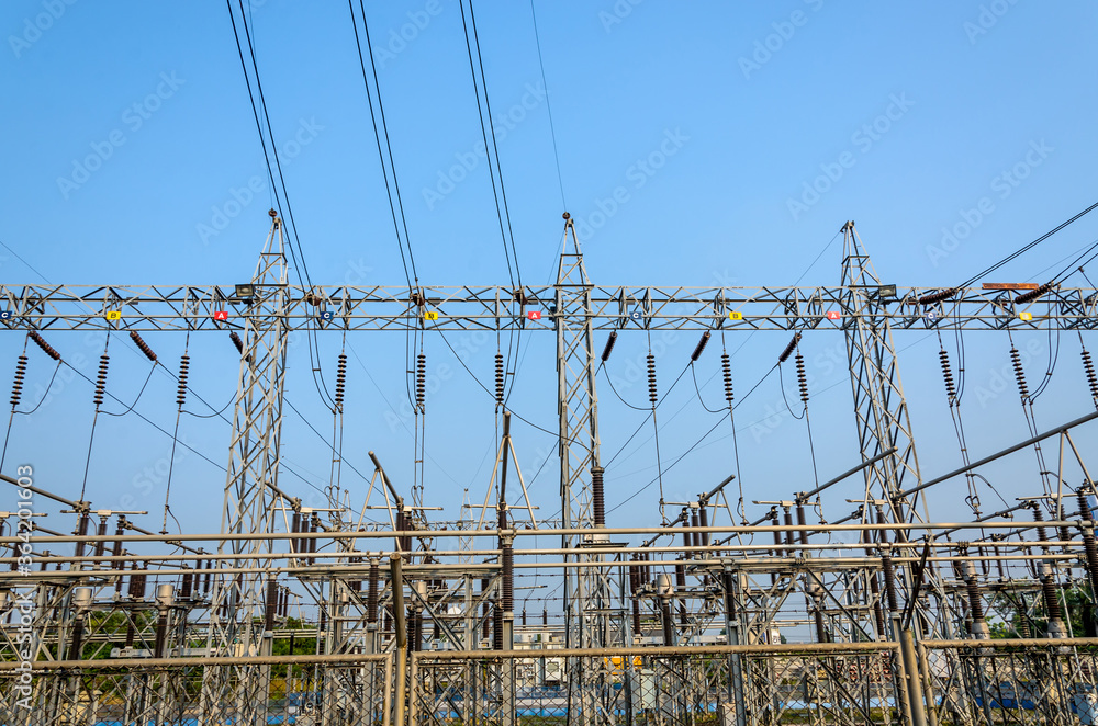 Electrical substation on a blue sky background Stock Photo | Adobe Stock