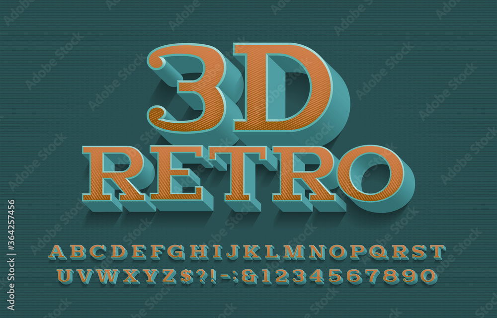 3D Retro alphabet font. Vintage letters and numbers. Vector typeface ...