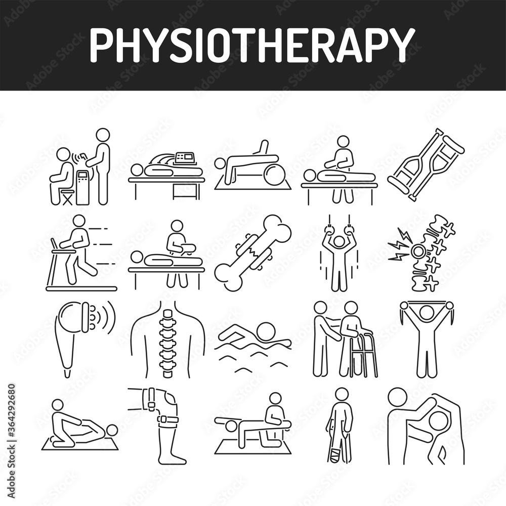 Physiotherapy line black icons set. Rehabilitation, therapy concept ...