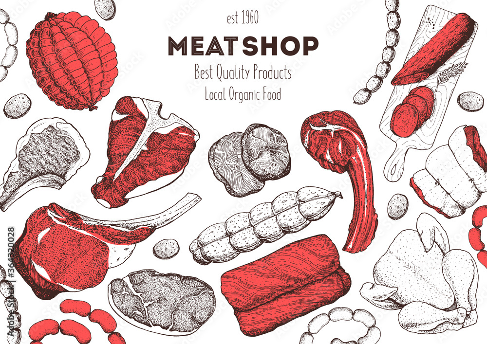 Meat products top view frame. Vector illustration. Engraved design ...