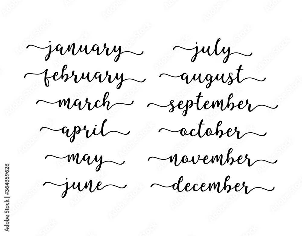 Hand Lettered Months of the Year Set. Calligraphy words January ...