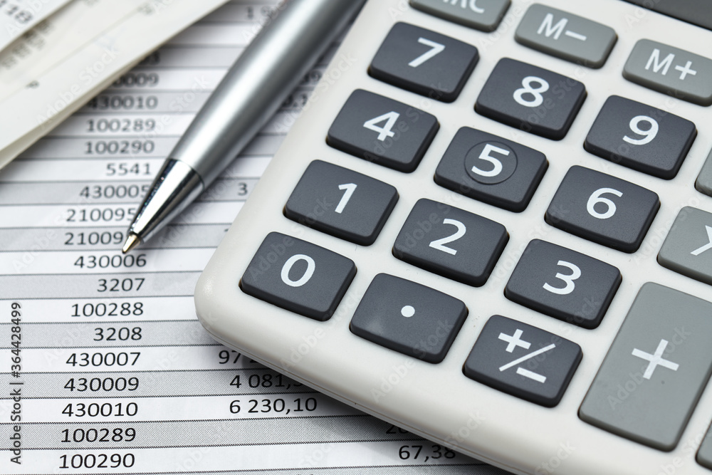 cash registers purchase receipt, calculator and financial reports ...