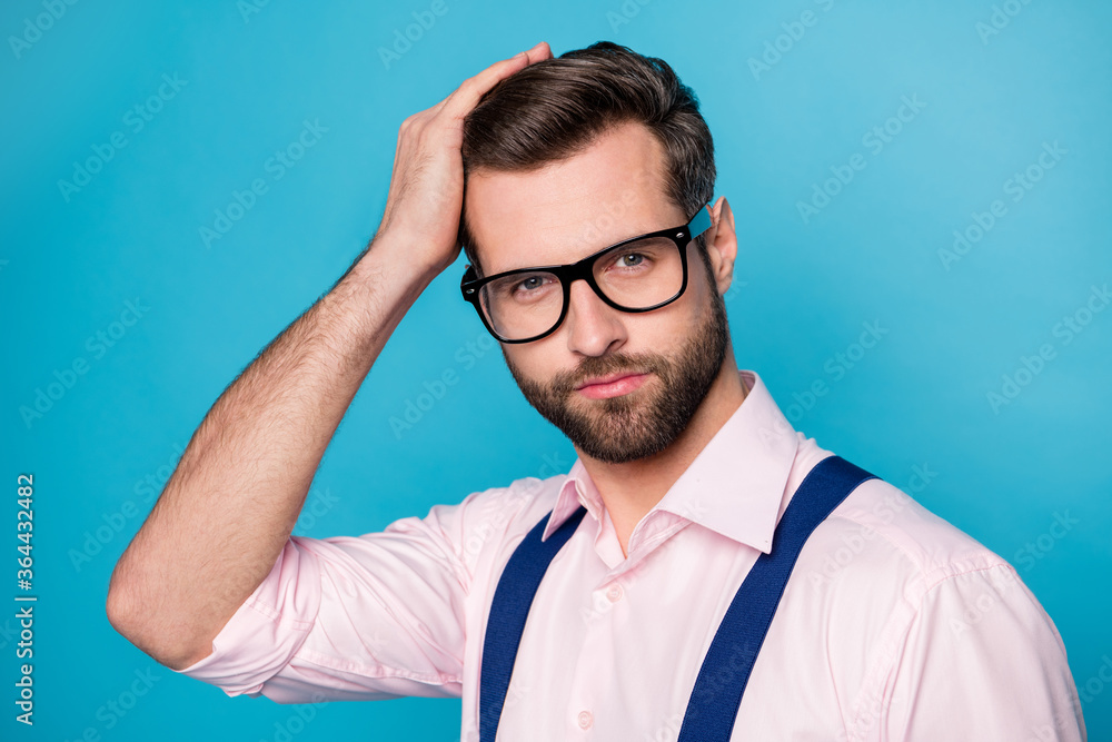 Closeup photo of handsome business man trend clothes hold arm on head ...