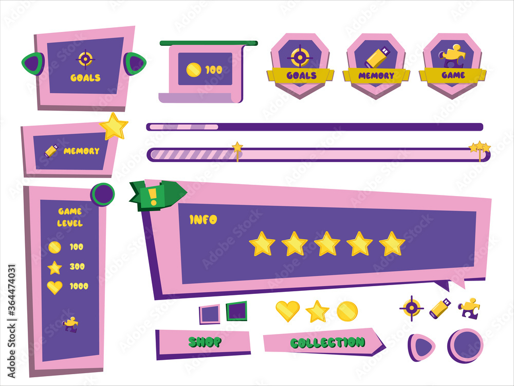 Interface game design set of buttons, emblems, icon, frame, progress ...
