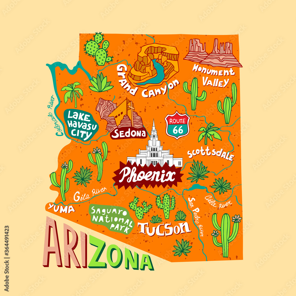Illustrated map of Arizona state, USA. Travel and attractions. Souvenir ...