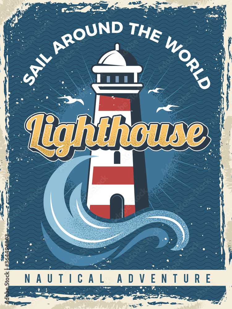 Lighthouse poster. Nautical retro placard with lighthouse travel marine ...