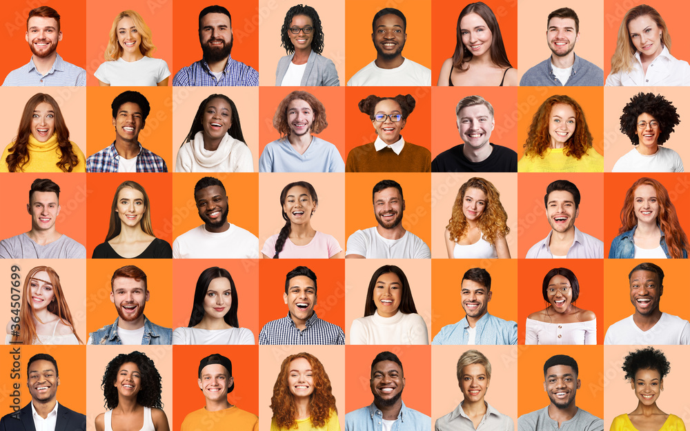 Smiling faces mosaic of diverse people portraits on colorful ...
