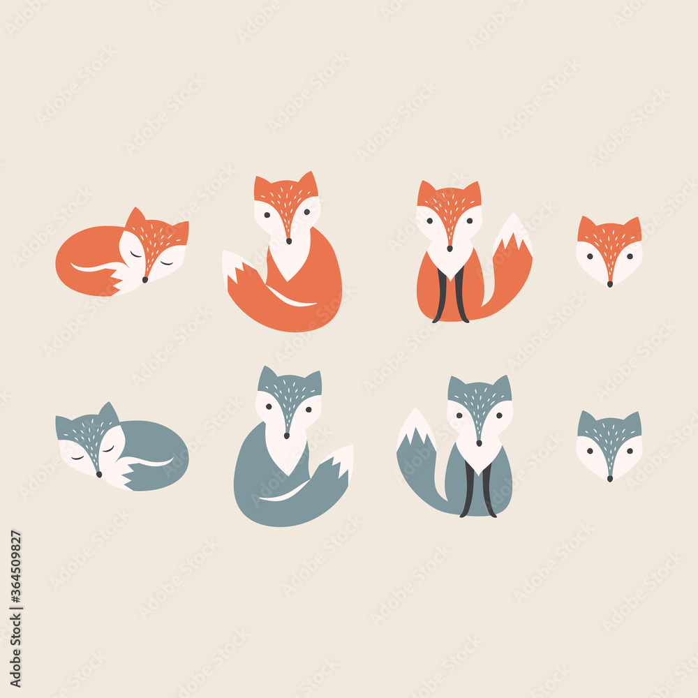 Red and polar fox kids cartoon. Colorful cute foxes character set ...