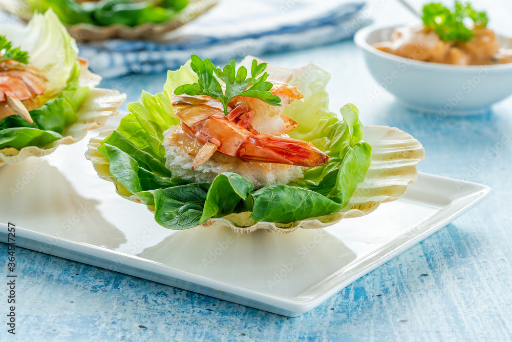Canapes with grilled black tiger prawns and seafood sauce Stock Photo ...