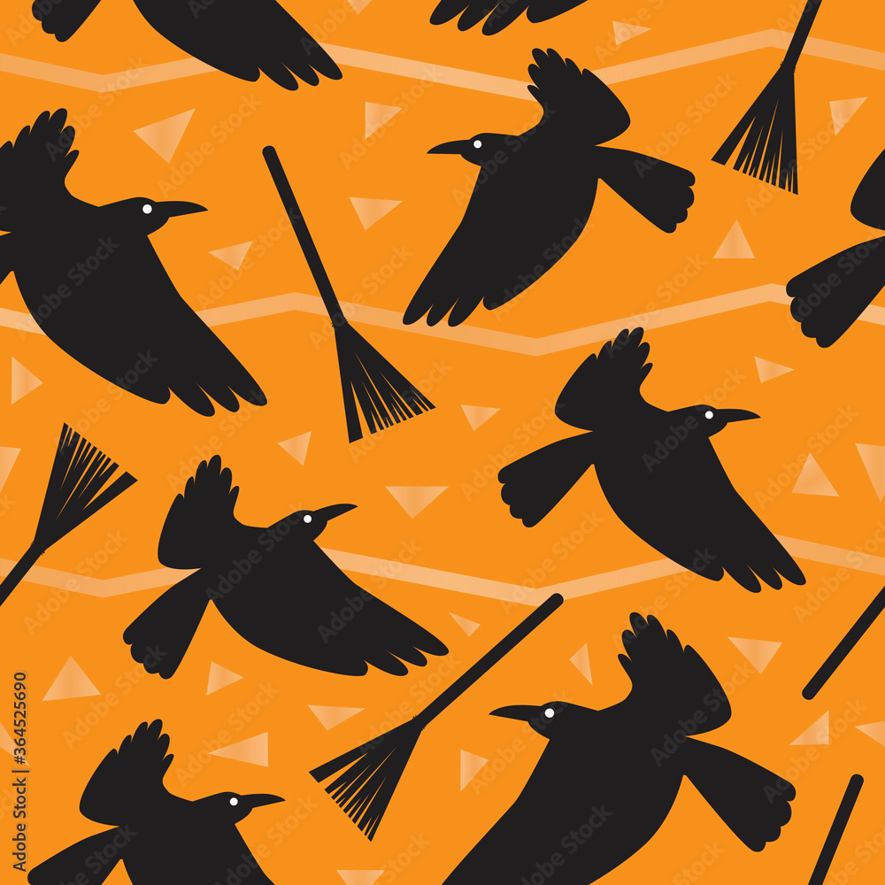 Seamless pattern with creepy crows and mystical witch's broom on an ...