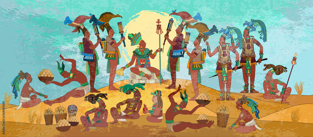 Pyramid and tribe. Maya background. Historical art. Ancient mexican ...