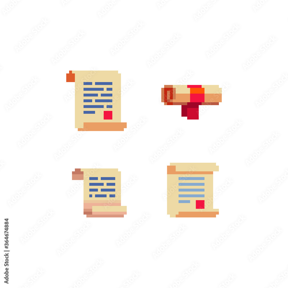 Pixel paper scroll icons set, scripts. Sticker design. Old school ...