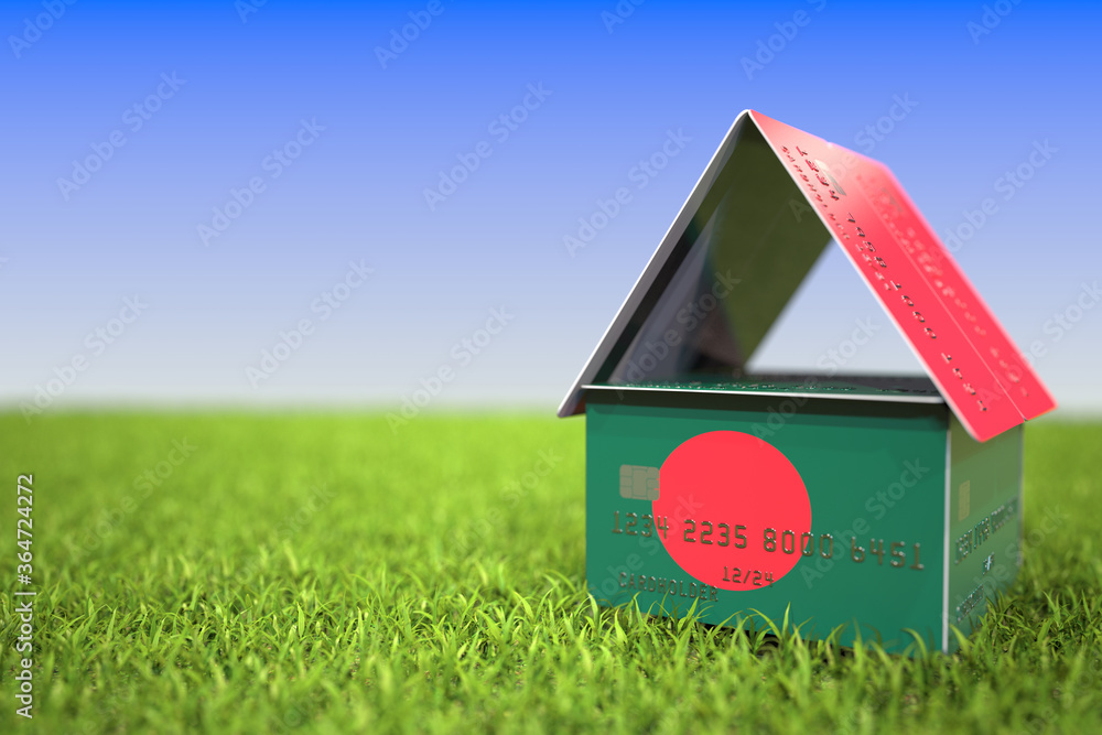 Flag of Bangladesh on plastic bank card house in the grass. Mortgage ...
