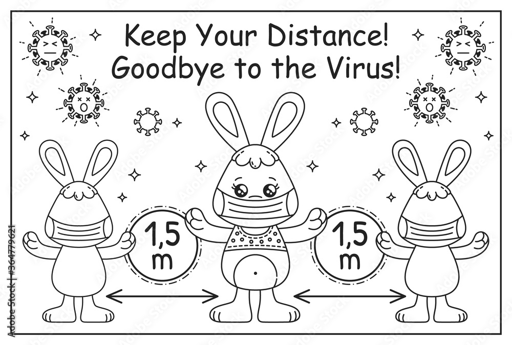 Kawaii Rabbit Bunny Keep Social Distance. Wearing Medical Mask ...