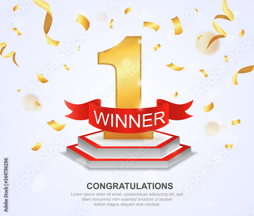 Winner concept with gold number 1 championship trophy with red banner ...