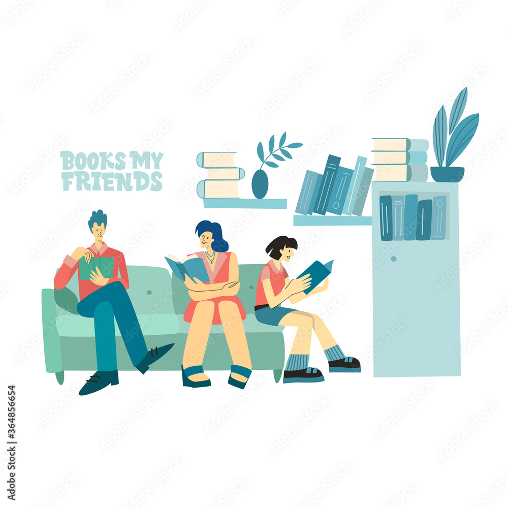 Books my friends. People reading books. Set of book lovers, readers ...