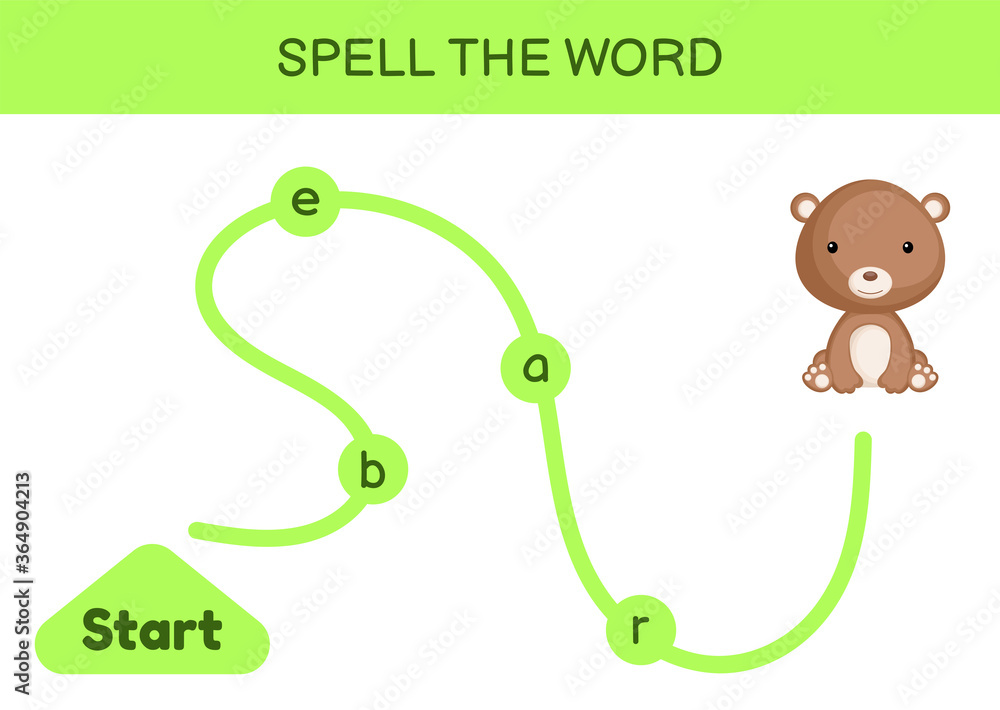 Maze for kids. Spelling word game template. Learn to read word bear ...