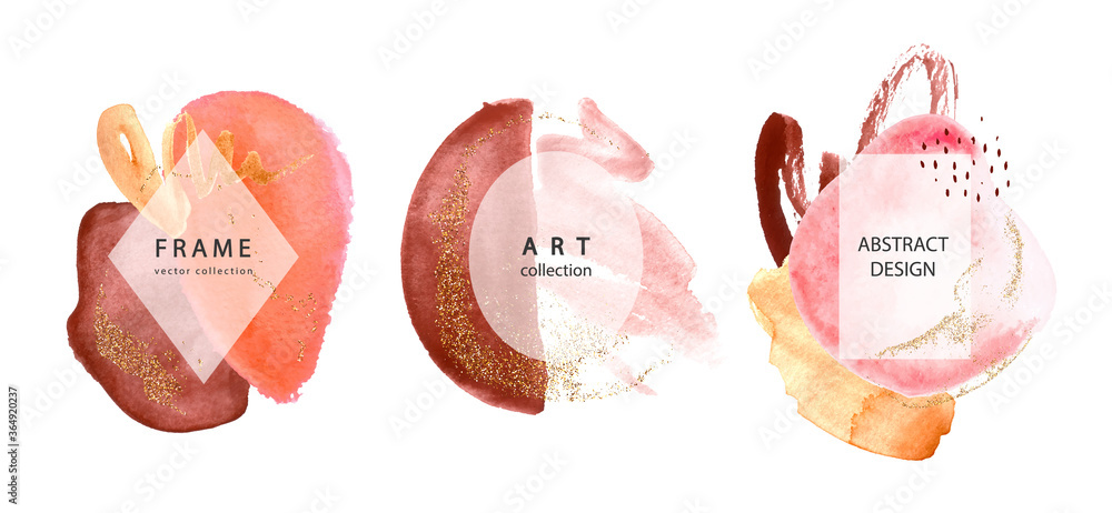 Set of creative frames with watercolor strokes and gold sparkles.Modern ...