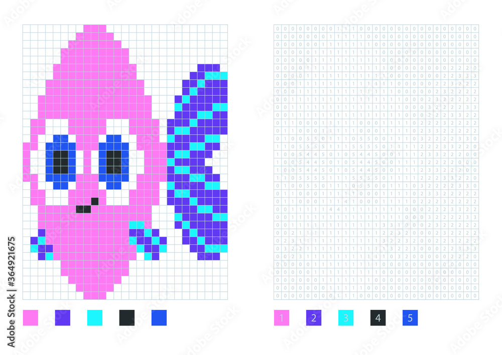 Cartoon pixel pink fish in the coloring page with numbered squares ...