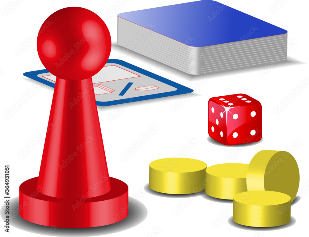 Board game pieces 3D for boardgame cafe. Board game scene vector icon ...