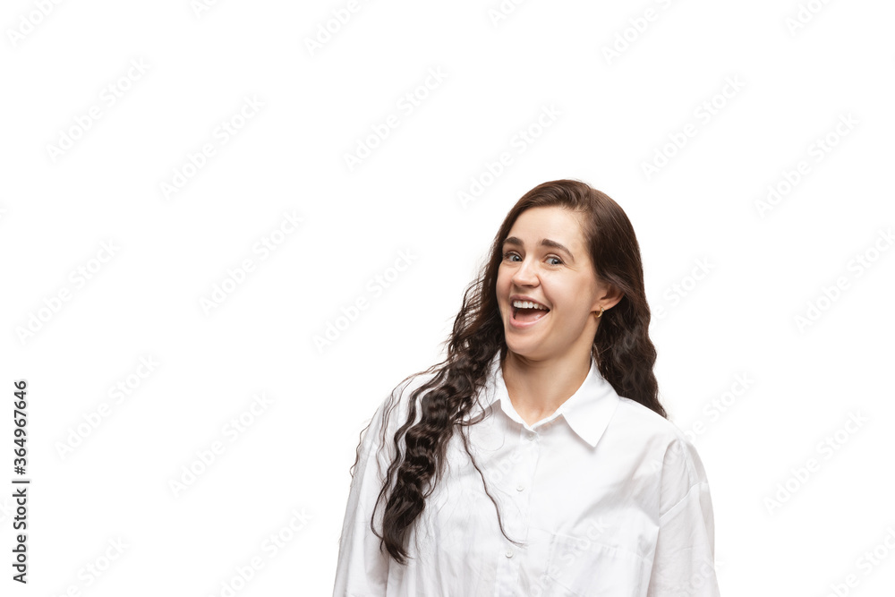 Trolling. Young caucasian woman with funny, unusual popular emotions ...