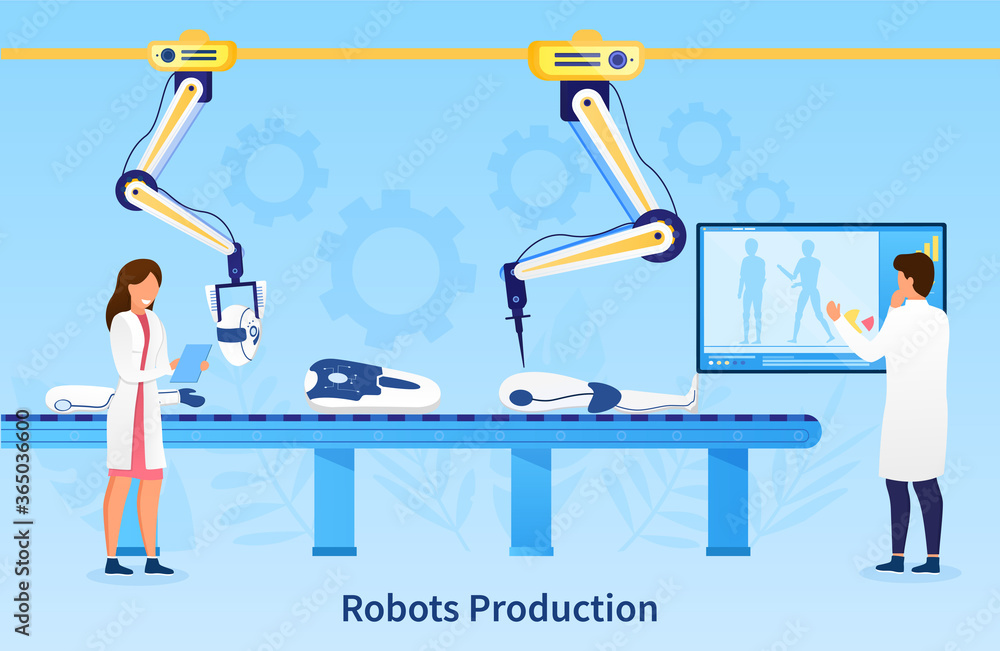 Production of robots on the assembly line. Male and female workers ...