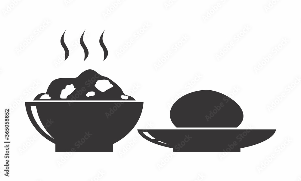 African food icon. Traditional dish of starch and vegetable soup or ...