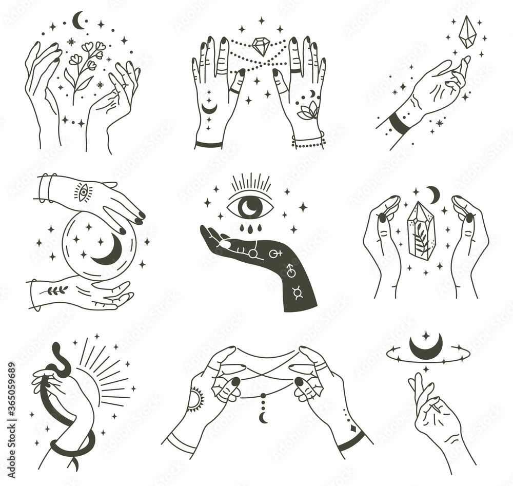 Magical hands. Boho occult magic hand, witch mystical symbol ...