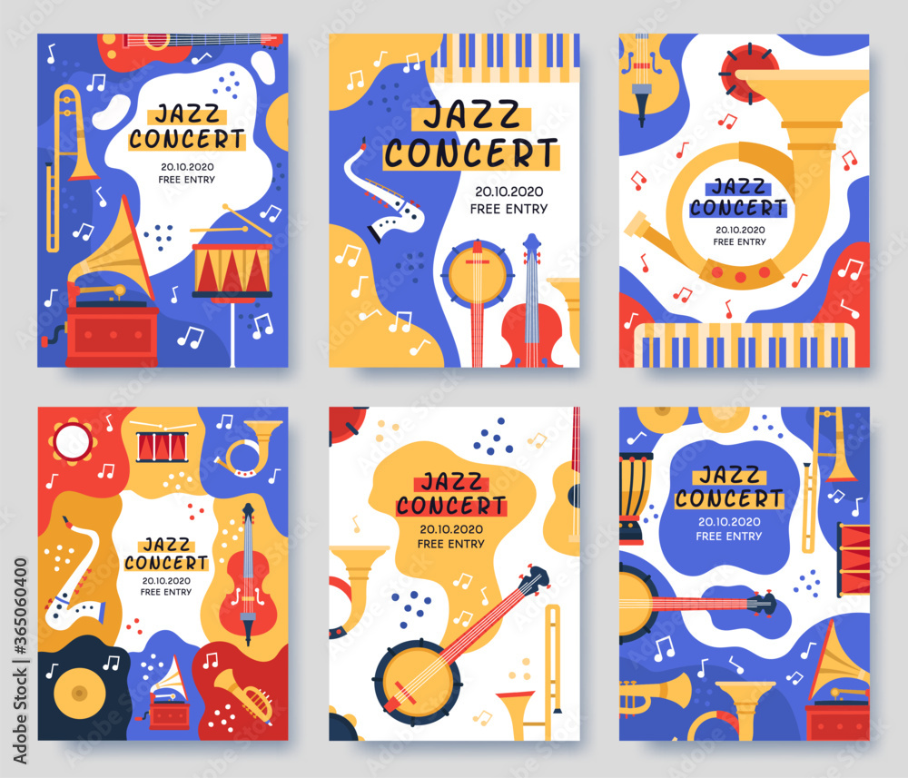 Music festival posters. Musical party or event music instruments ...