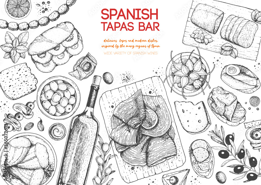 Spanish cuisine top view frame. A set of spanish dishes with hamon ...
