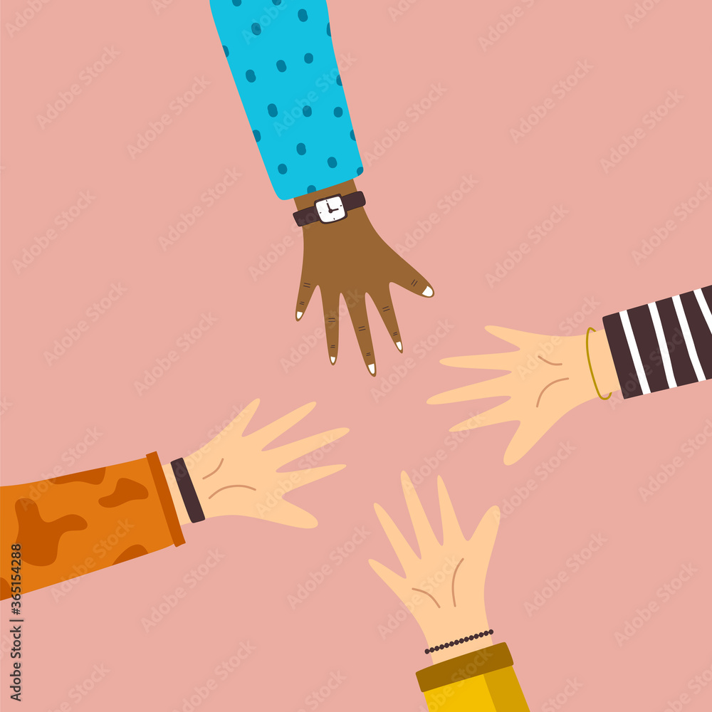 Hands of diverse group of people putting together. People promise each ...