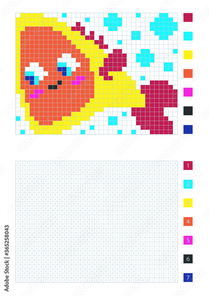 Cartoon pixel fish in the coloring page with numbered squares, vector ...