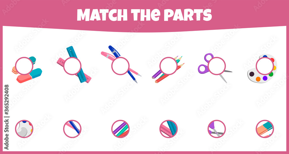 Educational game. Match the parts. Match parts of school supplies ...