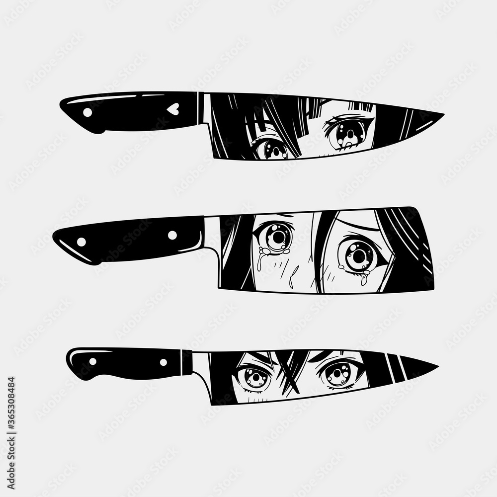 Three various Knives. Blades with Manga anime Eyes. Abstract Hand drawn ...