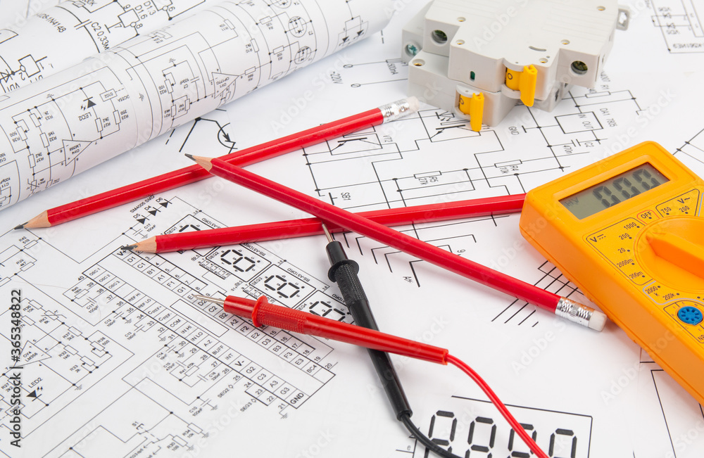 electrical engineering drawings, circuit breaker, pencils and digital ...
