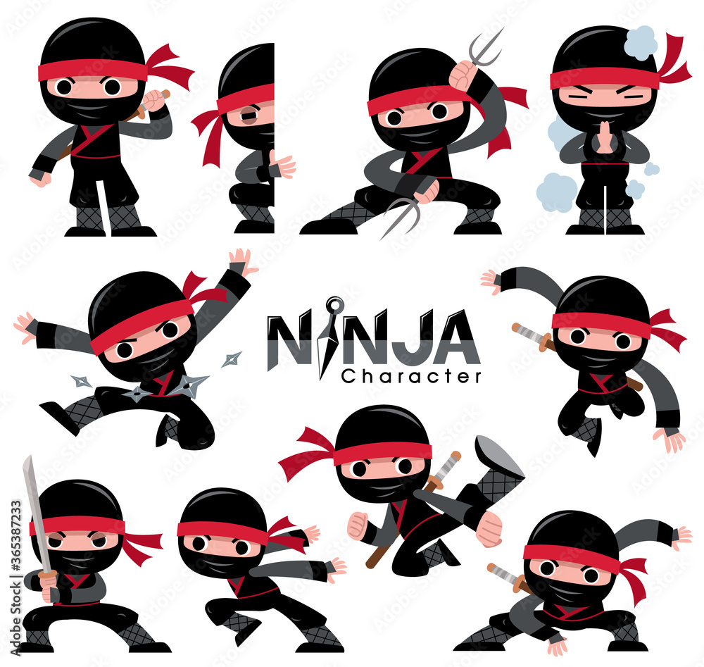 Vector illustration of Cartoon Ninja character set. fighting poses ...