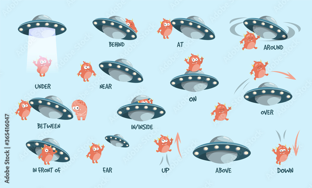 Learning prepositions vector isolated. Chilidish drawing with alien and ...
