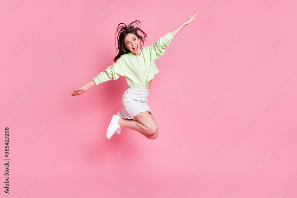 Full Size Profile Photo Of Attractive Funny Lady Jumping High Up Spread