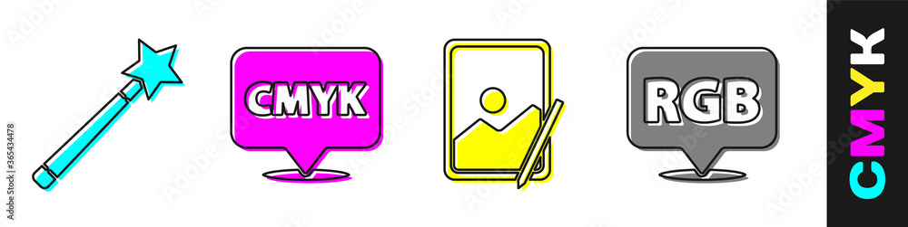 Set Magic wand, Speech bubble with text CMYK, Graphic tablet and Speech ...
